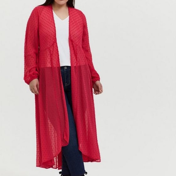 torrid | Jackets & Coats | Torrid Pink Chiffon Dot Mesh Maxi Duster ...